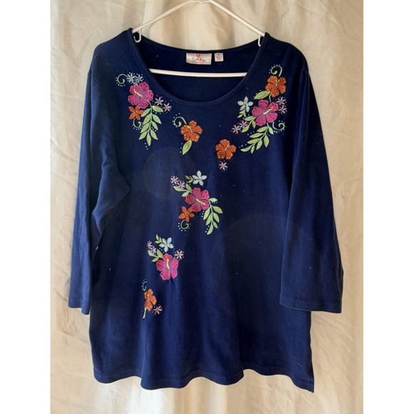 Quacker Factory | Tops | Quacker Factory Blue Floral 34 Sleeve Pullover ...